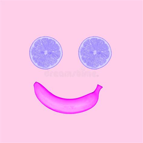 Contemporary Art Collage Smiling Banana And Lemon In Pink And Purple Color Scheme Stock Image