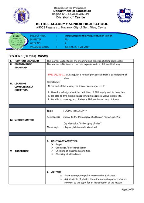 471822018 Lesson PLAN IPHP Week 1 Doing Philo Republic Of The Philippines Department Of