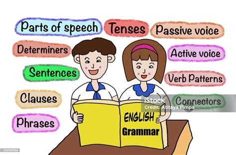 학생 소년과 소녀의 손으로 그린 그림이 문법 주제로 영어 문법 책을 읽고 있습니다 교육용 일러스트레이션 개념 영어 문법 교육 수업 교재 교육에 대한 스톡 벡터 아트 및 기타