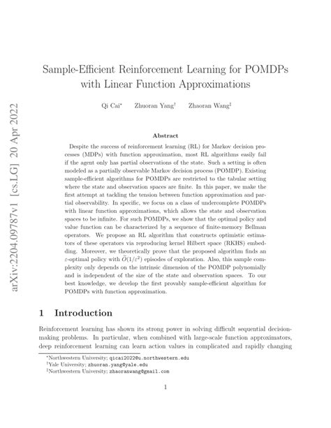 Pdf Sample Efficient Reinforcement Learning For Pomdps With Linear Function Approximations