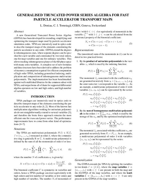 Pdf Generalised Truncated Power Series Algebra For Fast Particle Accelerator Transport Maps