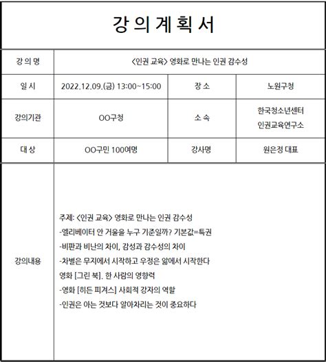 인권 교육 주민 대상 인권 강의 영화로 만나는 인권 감수성 한국청소년센터 And 인권교육연구소 원은정 대표 한국청소년센터