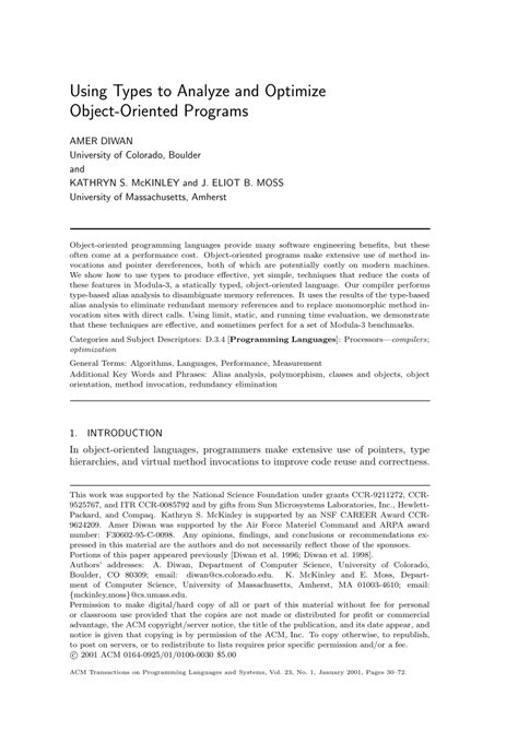 Pdf Using Types To Analyze And Optimize Object Oriented Programs