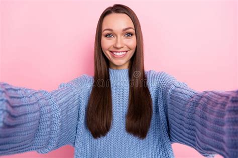 Photo Of Impressed Millennial Brunette Lady Do Selfie Wear Blue Sweater