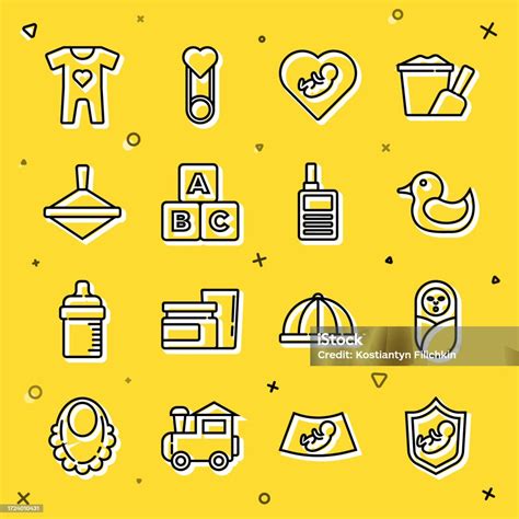 방패에 아기 신생아 유아 포대기 고무 오리 내부 심장 Abc 블록 소용돌이 장난감 옷 및 모니터 워키 토키 아이콘을 설정하십시오 벡터 0명에 대한 스톡 벡터 아트 및 기타