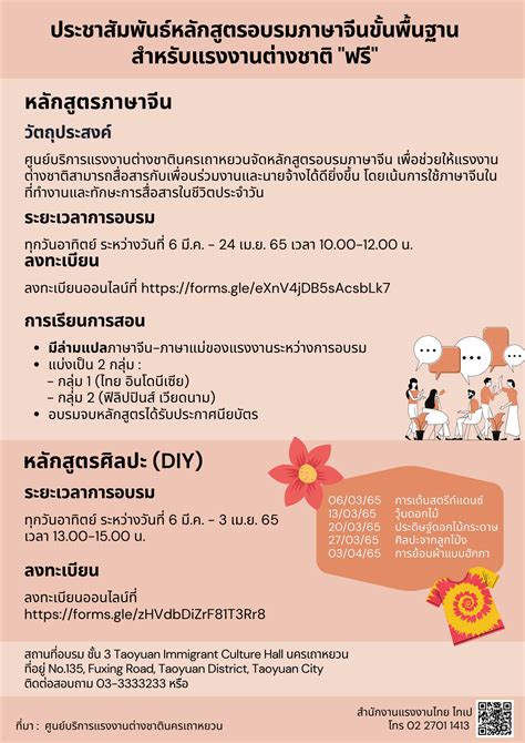 ศูนย์บริการแรงงานต่างชาติเถาหยวนจัดอบรมภาษาจีนให้แรงงานต่างชาติฟรี