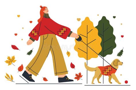 Chica Caminando Con Perro Follaje Otoñal Lisa Y Acogedora Ilustración