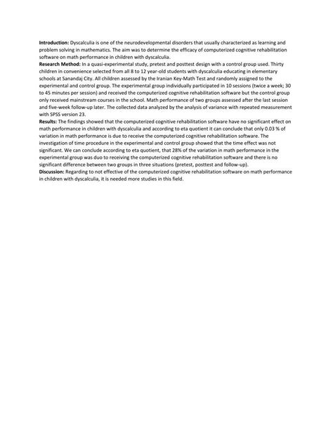 Pdf The Efficacy Of Computerized Cognitive Rehabilitation Software On Math Performance In