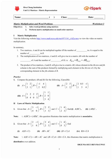 50 Matrices Word Problems Worksheet