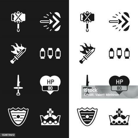 세트 총알 게임 용 검 중세 도끼 매직 화살표 단검 비디오 바 킹 크라운과 방패 아이콘 벡터 강철에 대한 스톡 벡터 아트 및 기타 이미지 Istock