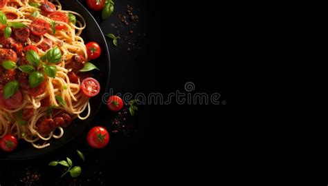Top View Of Dark Plate With Italian Spaghetti Pasta Copy Space On The