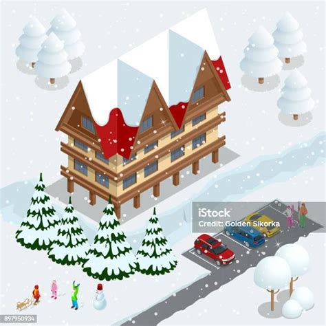 스키장 슬로프 스키 리프트에 사람들 흰 눈 소나무와 호텔 피스트에 스키어 겨울 휴가 웹 배너 디자인 벡터 분해 그림입니다 등측