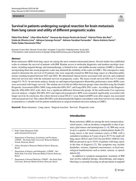 Survival In Patients Undergoing Surgical Resection For Brain Metastasis From Lung Cancer And