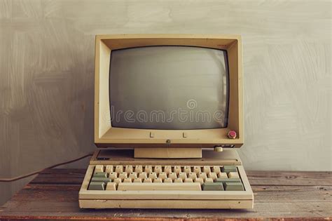Vintage Computer With Monitor And Keyboard On Wooden Desk Stock Illustration Illustration Of