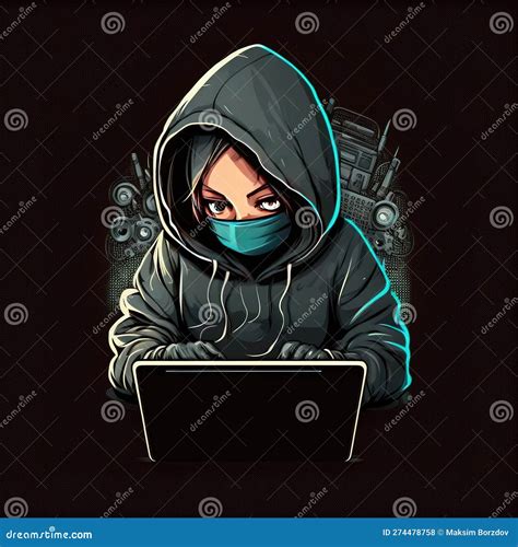 Cute Girl Hacker With Laptop Avatar In Cartoon Style Black Backdrop