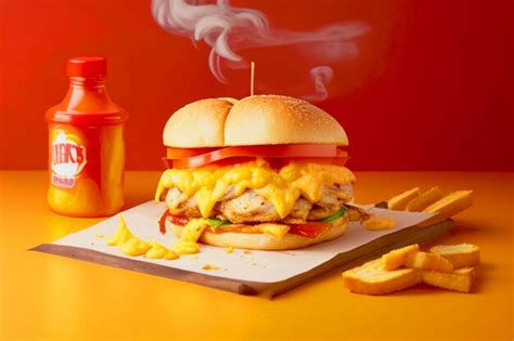 Chicken Cheese Grilled Sandwich With Fire Smoke And A Ketchup Bottle A