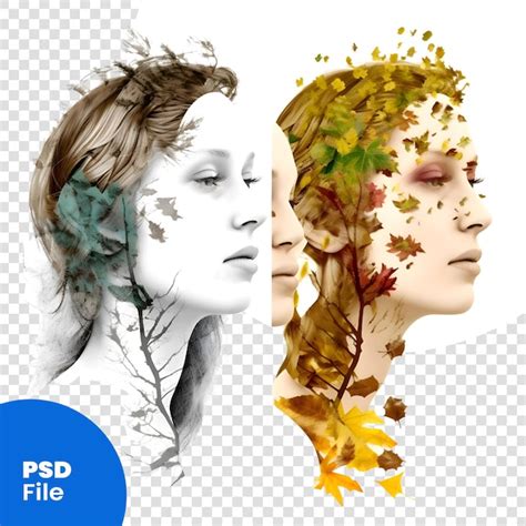 Portrait Double Exposition D Une Belle Femme Avec Des Feuilles D