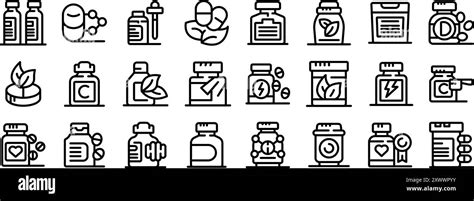 Bottle Vitamin Supplement Icons Set Big Set Of Simple Black Thin Line