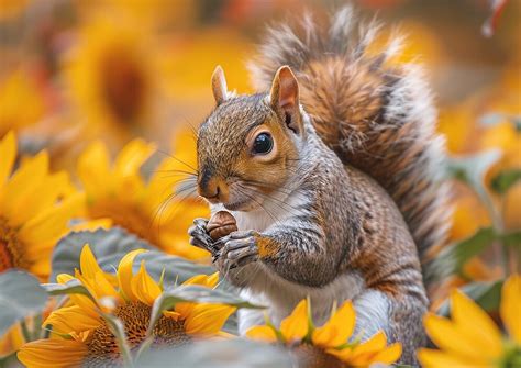A Squirrel Eating A Piece Of Bread In Front Of A Bunch Of Flowers Premium Ai Generated Image
