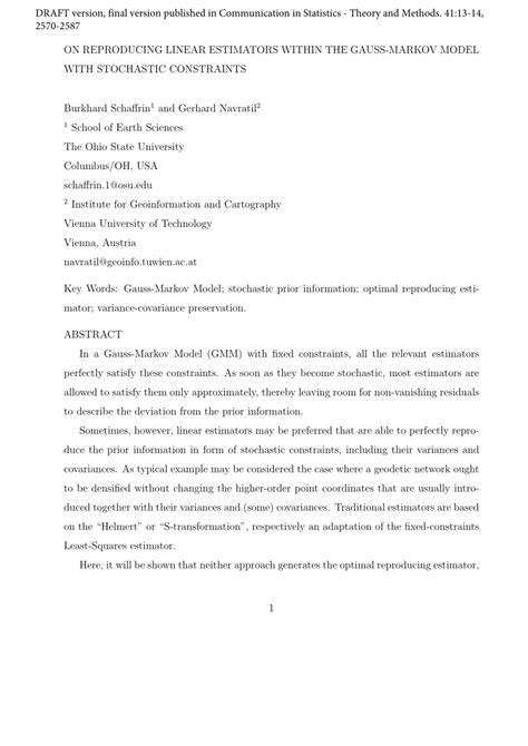 Pdf On Reproducing Linear Estimators Within The Gauss Markov Model With Stochastic Constraints