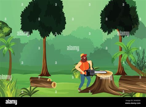 Lumberjack With A Chainsaw Inside A Jungle Cutting Trees Woodcutter