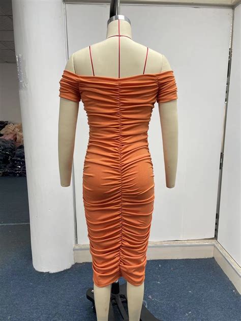 WEANIA Women Party Dress Off Shoulder Pleated Slim Bodycon Long Dress