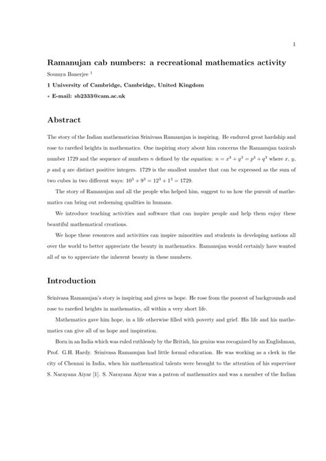 Pdf Ramanujan Cab Numbers A Recreational Mathematics Activity