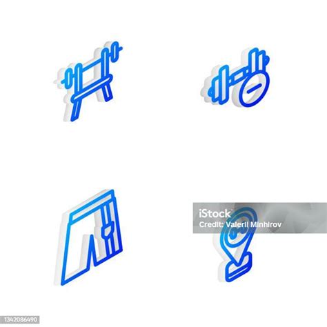 ตั้งดัมเบลสายไอโซเมตริก ม้านั่งพร้อมบาร์เบล กางเกงขาสั้นหรือกางเกงและไอคอนโรงยิมสถานที ภาพประกอบ