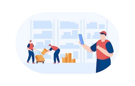 창고 관리자는 사용 가능한 재고를 확인 창고 벡터 일러스트 레이 션에서 일하는 직원 프리미엄 벡터