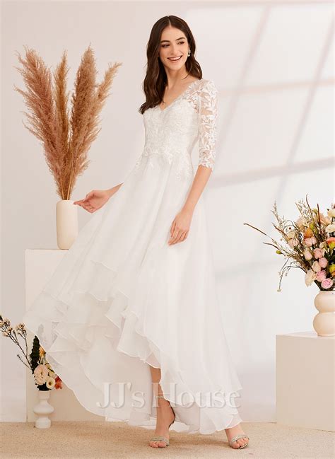 A Line V Neck Asymmetrical Tulle Lace Wedding Dress With Beading