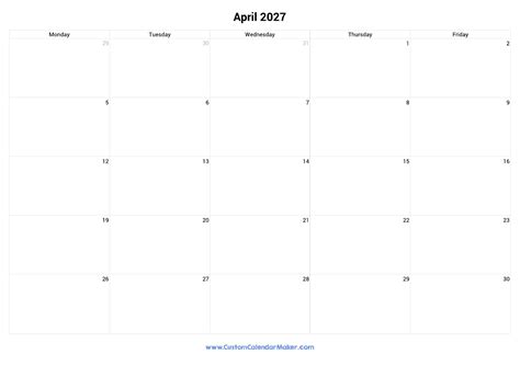 April 2027 Calendar Weekdays Only Monday To Friday Custom Calendar
