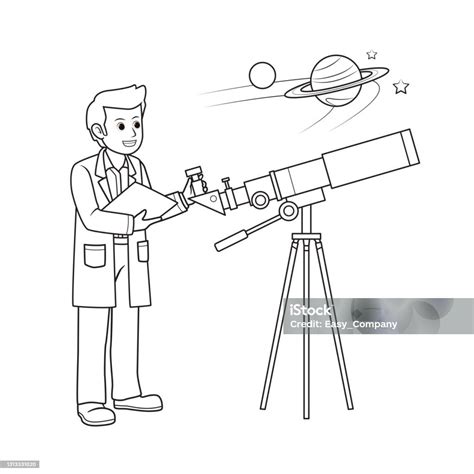 흰색 배경에 고립 된 천문학자의 벡터 그림 직업과 직업 개념 만화 캐릭터 교육 및 학교 아이 색칠 페이지 인쇄 가능 활동 워크