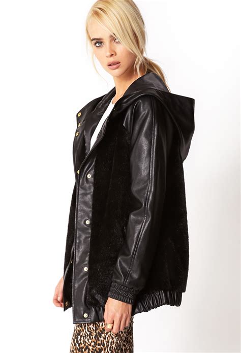 Forever 21 Faux Fur Hooded Varsity Jacket In Black Lyst