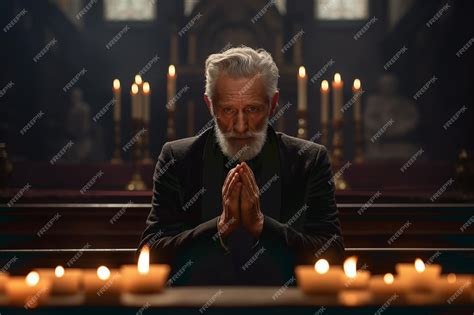 Premium Ai Image A Man In A Suit Praying In A Church Lit With Candles