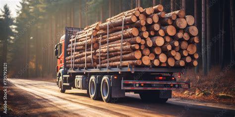 A Loaded Timber Truck Drives Along A Forest Road Transporting A Heavy