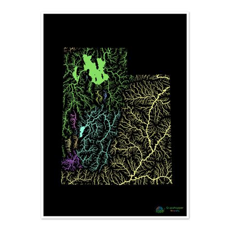 Utah River Basin Map Pastel On Black Fine Art Print Grasshopper