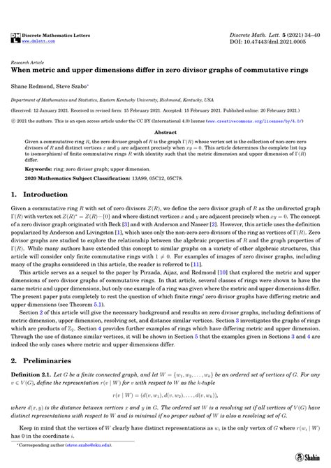 Pdf When Metric And Upper Dimensions Differ In Zero Divisor Graphs Of Commutative Rings