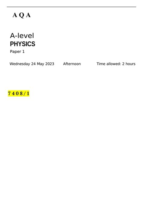 Aqa A Level Physics Paper 1 Qp And Mark Scheme Stuvia Us