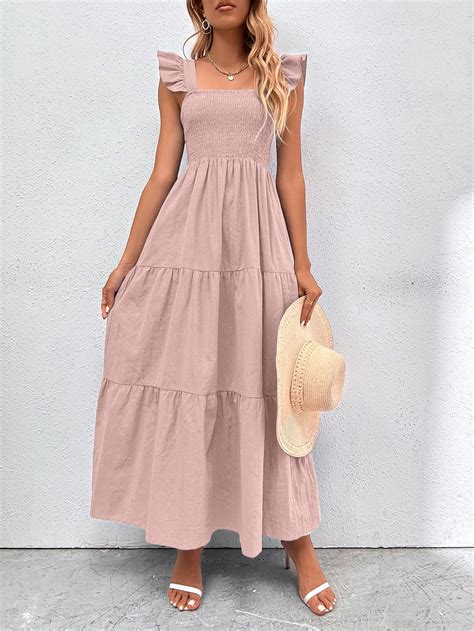 Shirred Bodice Ruffle Hem Dress