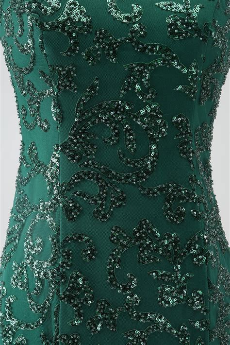 Zapakasa Women Sparkly Dark Green One Shoulder Beaded Long Mermaid Lace