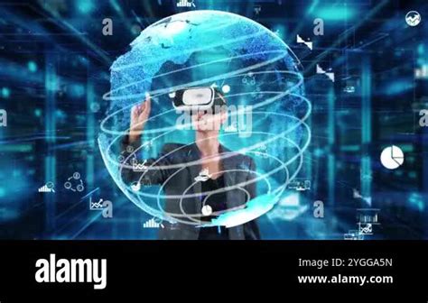 Businesswoman Selecting Big Data Dynamic Market Rotating World Analysis Monitor By Vr Future