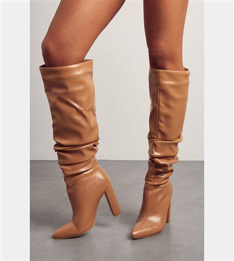 Buy Misspap Leather Look Pointed Toe Knee High Boots In Beige