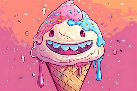 A Playful Cartoon Illustration Of A Melting Ice Cream Cone Stock