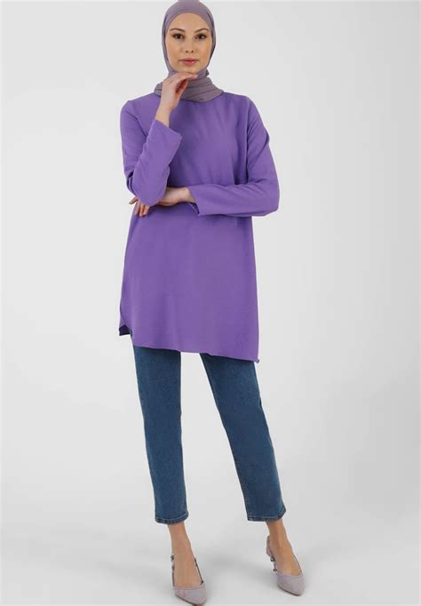 Modanisa Vintage Crew Neck Refka Casual Tunic Dark Purple