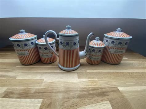 ANCIENNE SÉRIE DE 4 pots à épices Verseuse en tôle émaillée marque BB R 233 EUR 130 00
