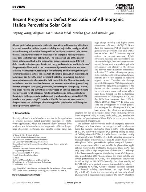 Recent Progress On Defect Passivation Of All‐inorganic Halide Perovskite Solar Cells Request Pdf