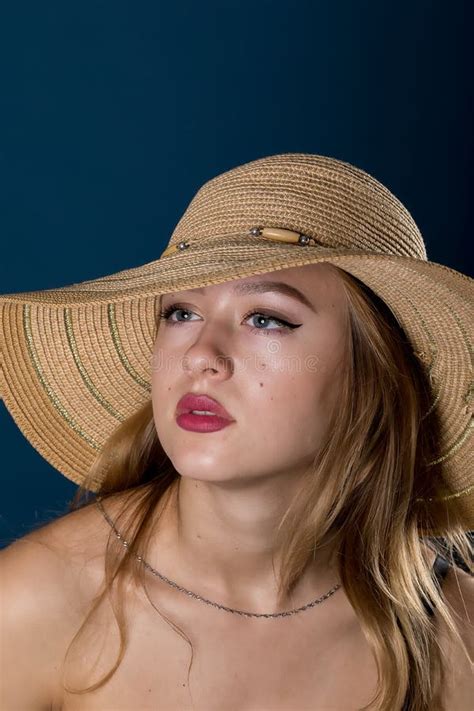 The Girl In The Big Sun Hat And Red Lips Stock Image Image Of Female