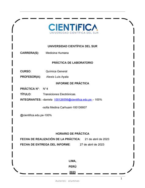 Informe de quimica laboratorio 3 UNIVERSIDAD CIENTÍFICA DEL SUR