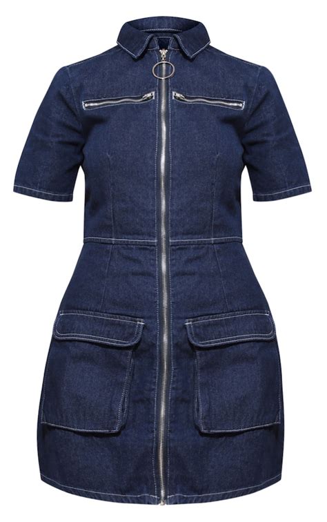 Plus Mid Wash Zip Detail Denim Bodycon Dress Prettylittlething