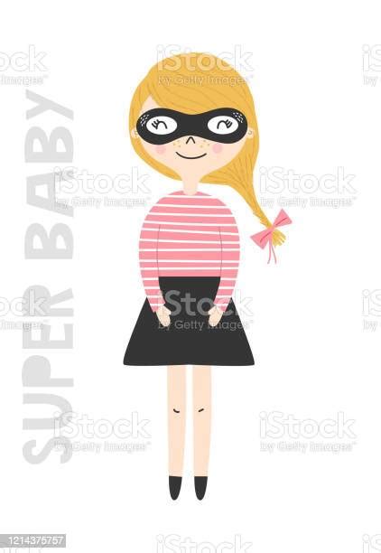 귀여운 생강 소녀 슈퍼 히어로와 손으로 그린 글자와 아이 포스터 아기 보육 벽 예술입니다 벡터 그림입니다 개체 그룹에 대한 스톡